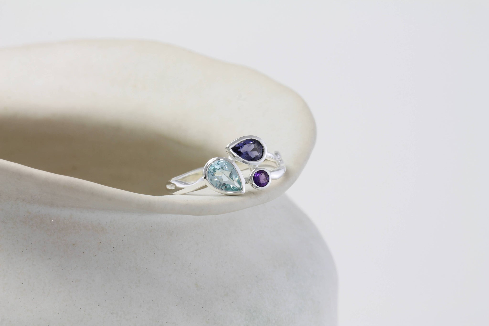 Handmade Blue Topaz Iolite and Amethyst Sterling Silver Ring: P